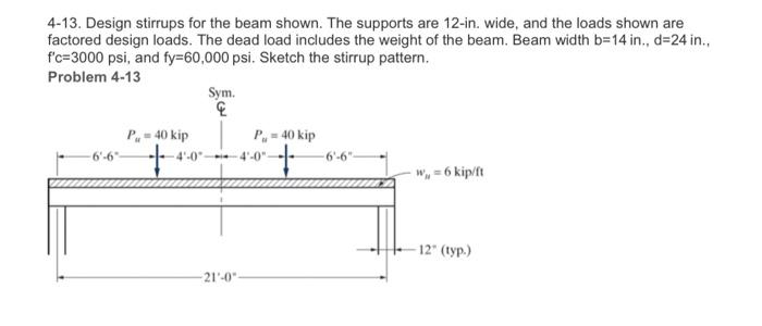 4-13. Design stirrups for the beam shown. The | Chegg.com
