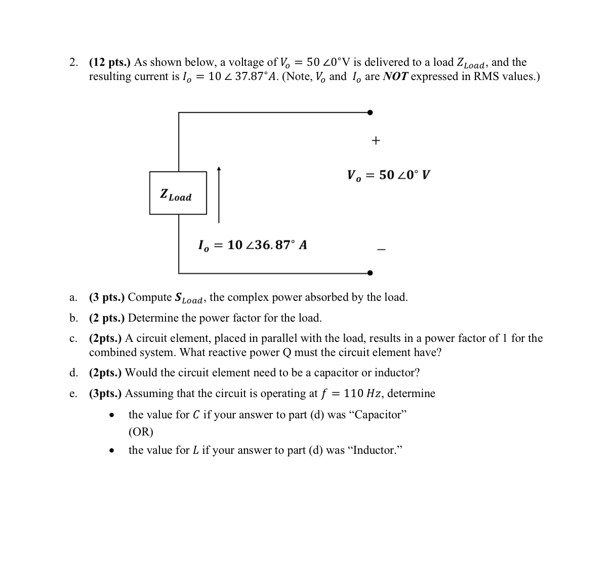 Solved (12 ﻿pts.) ﻿As shown below, a voltage of Vo=50?0°V | Chegg.com