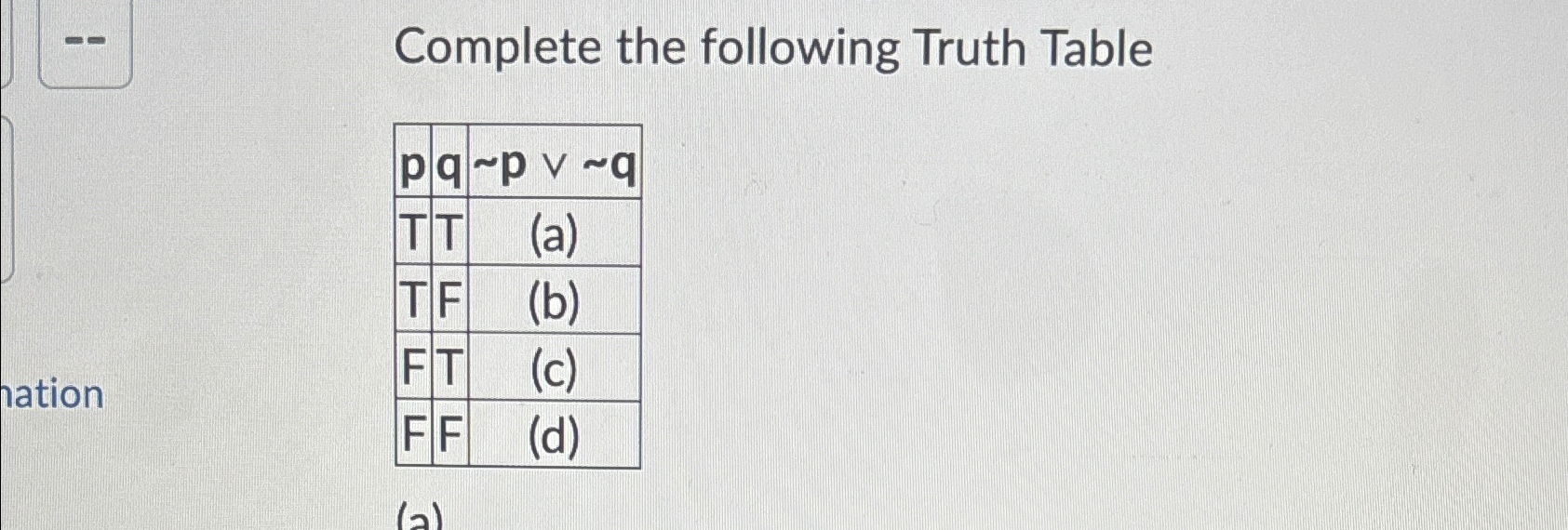 Solved Complete the following Truth Table\table[[p,q,∼pv∼q | Chegg.com