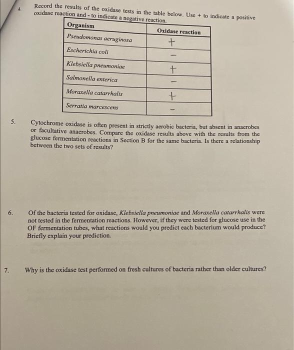 Solved + Record the results of the oxidase tests in the | Chegg.com