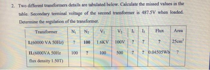 Solved 2. Two different transformers details are tabulated | Chegg.com