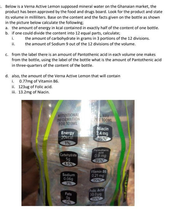 Solved 1. Below is a Verna Active Lemon supposed mineral | Chegg.com