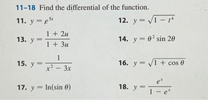 Solved 11-18 Find the differential of the function. 11. | Chegg.com