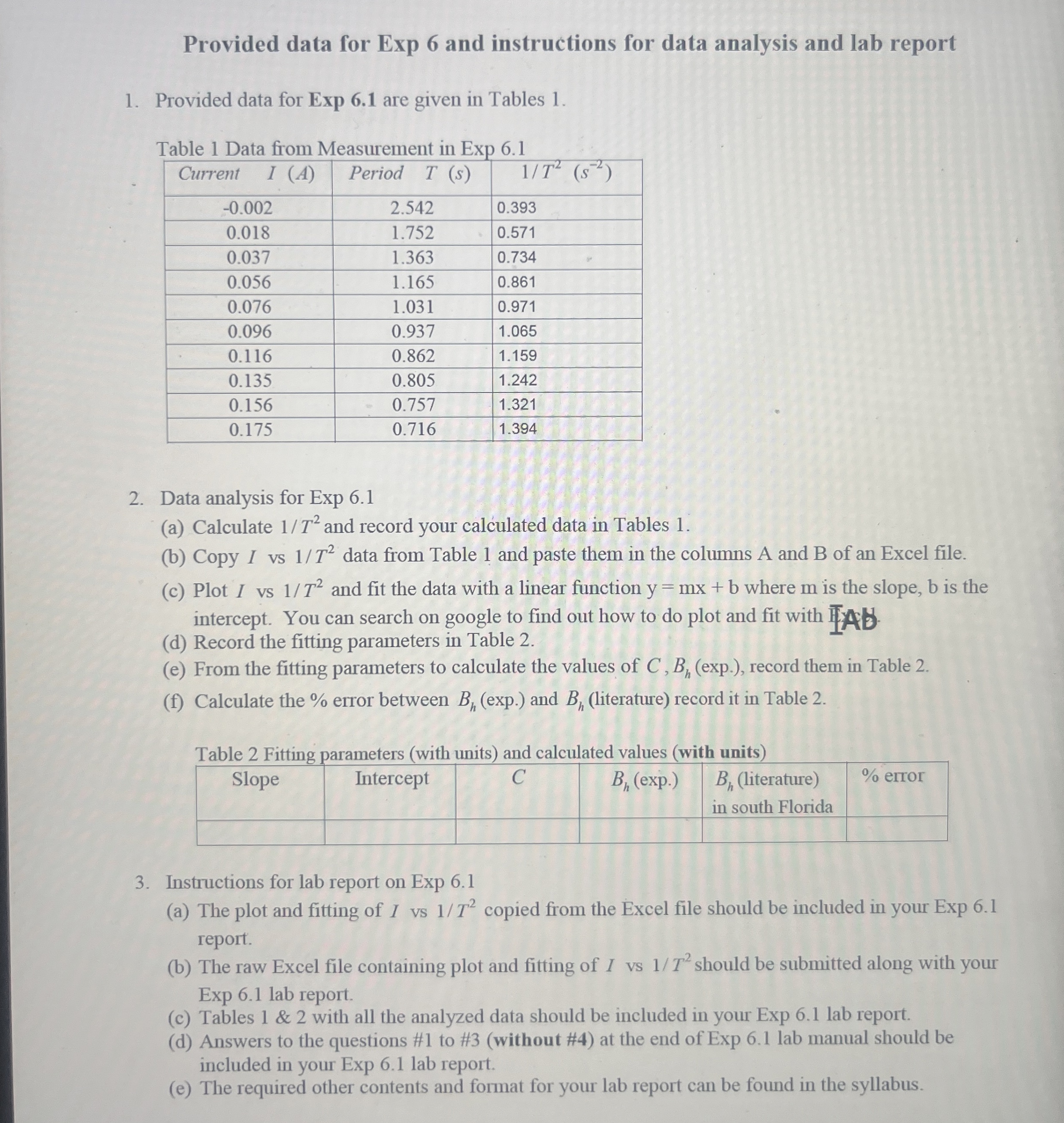 Solved Provided data for Exp 6 ﻿and instructions for data | Chegg.com