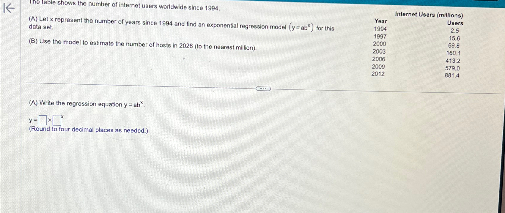 Solved The table shows the number of internet users | Chegg.com