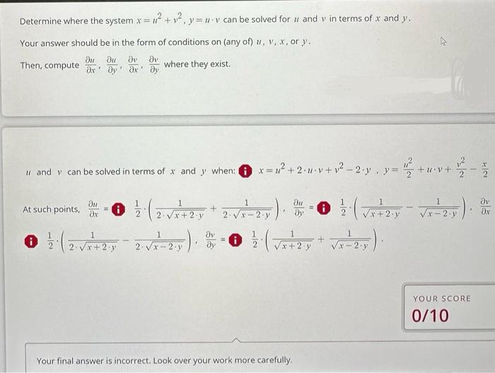 Solved Determine where the system x=u2+v2,y=u⋅v can be | Chegg.com