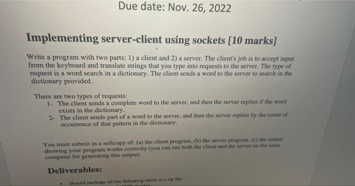 Solved Implementing server-client using sockets [10 marks] | Chegg.com