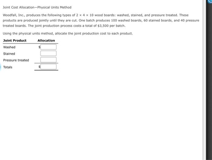 Solved Joint Cost Allocation-Physical Units Method Woodfall, | Chegg.com