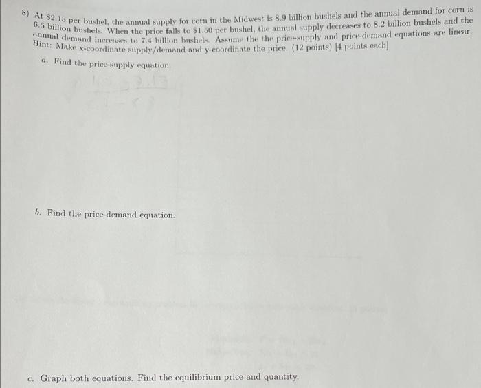 Solved 8) At $2.13 per bushel, the annual supply for corn in | Chegg.com