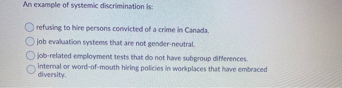Solved An example of systemic discrimination is: refusing to | Chegg.com