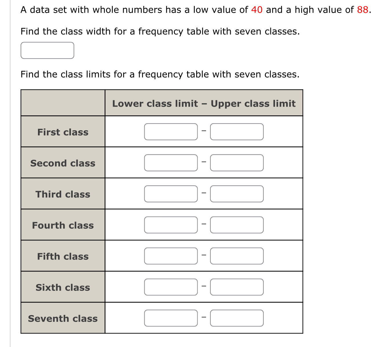 Solved A data set with whole numbers has a low value of 40 | Chegg.com