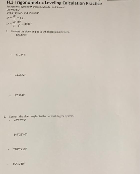 Solved FL3 Trigonometric Leveling Calculation Practice | Chegg.com
