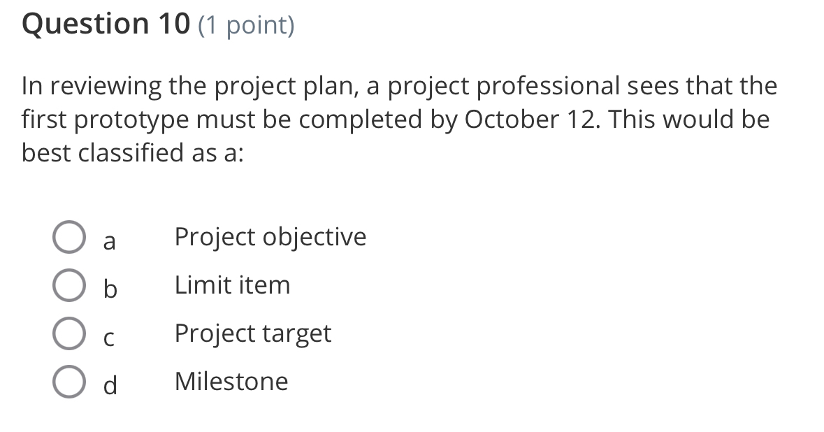 Solved Question 10 (1 ﻿point)In reviewing the project plan, | Chegg.com