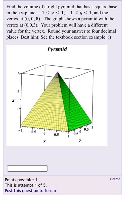 Solved Find the volume of a right pyramid that has a square | Chegg.com