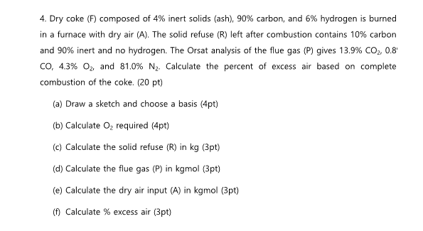 Solved 4. Dry coke (F) composed of 4% inert solids (ash), | Chegg.com