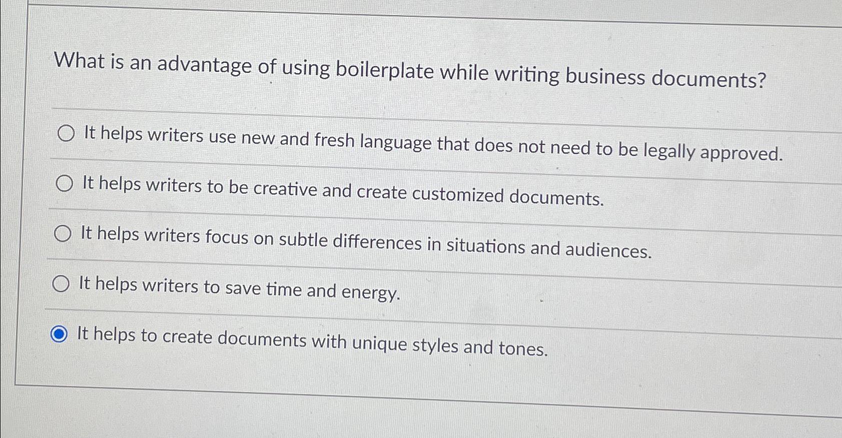 Solved What is an advantage of using boilerplate while | Chegg.com