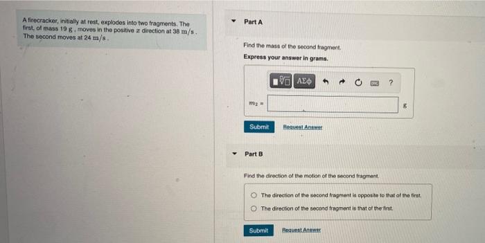 Solved Part A Afirecracker, initially at rest explodes into | Chegg.com