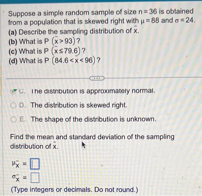 Solved Suppose a simple random sample of size n=36 is | Chegg.com