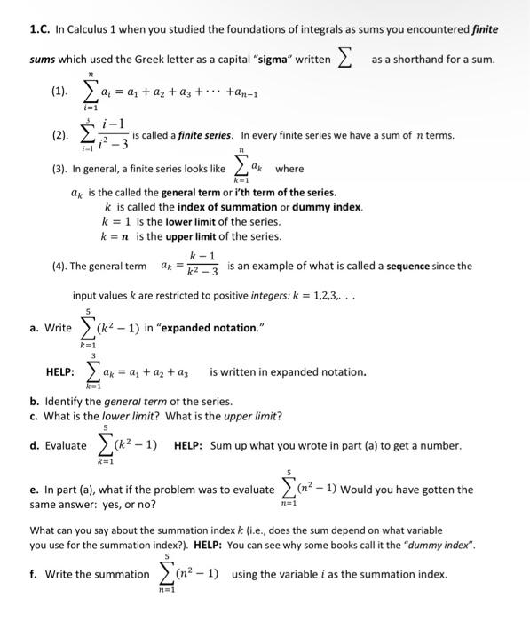 Solved 1.C. In Calculus 1 when you studied the foundations | Chegg.com