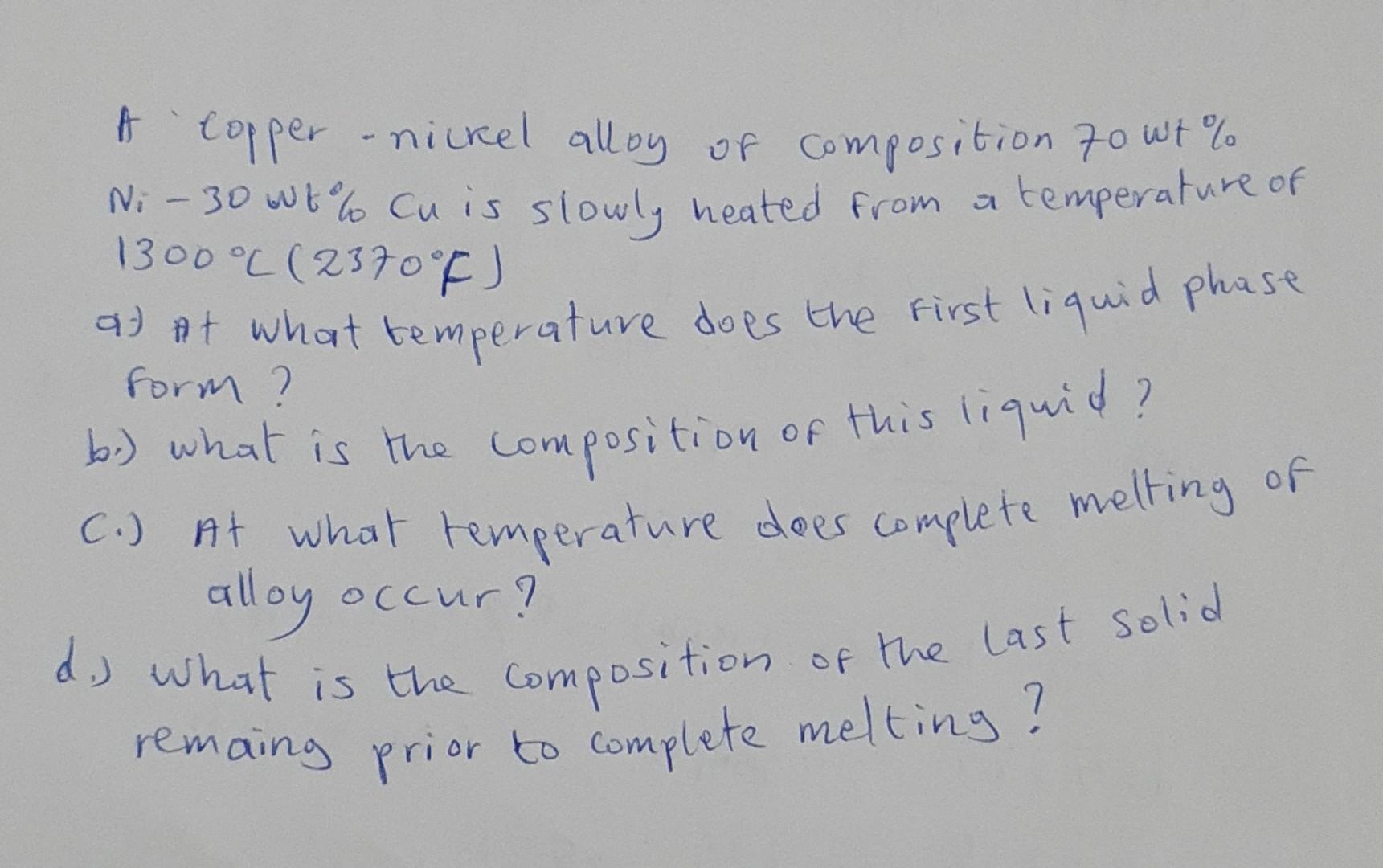 Solved A copper -nickel alloy of composition 70 wt% Ni - 30 | Chegg.com