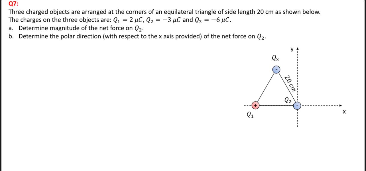 Solved Q7:Three charged objects are arranged at the corners | Chegg.com