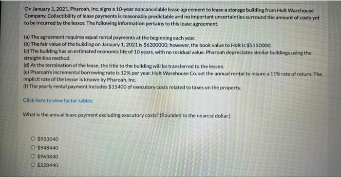 Solved On January 1, 2021, Pharoah, Inc, signs a 10-year | Chegg.com