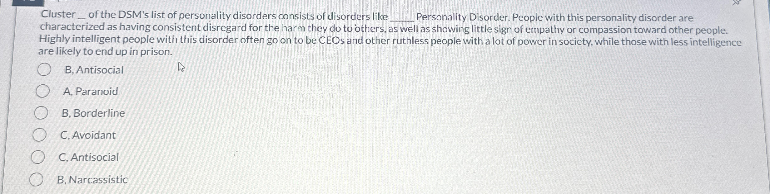 Solved Cluster q, ﻿of the DSM's list of personality | Chegg.com