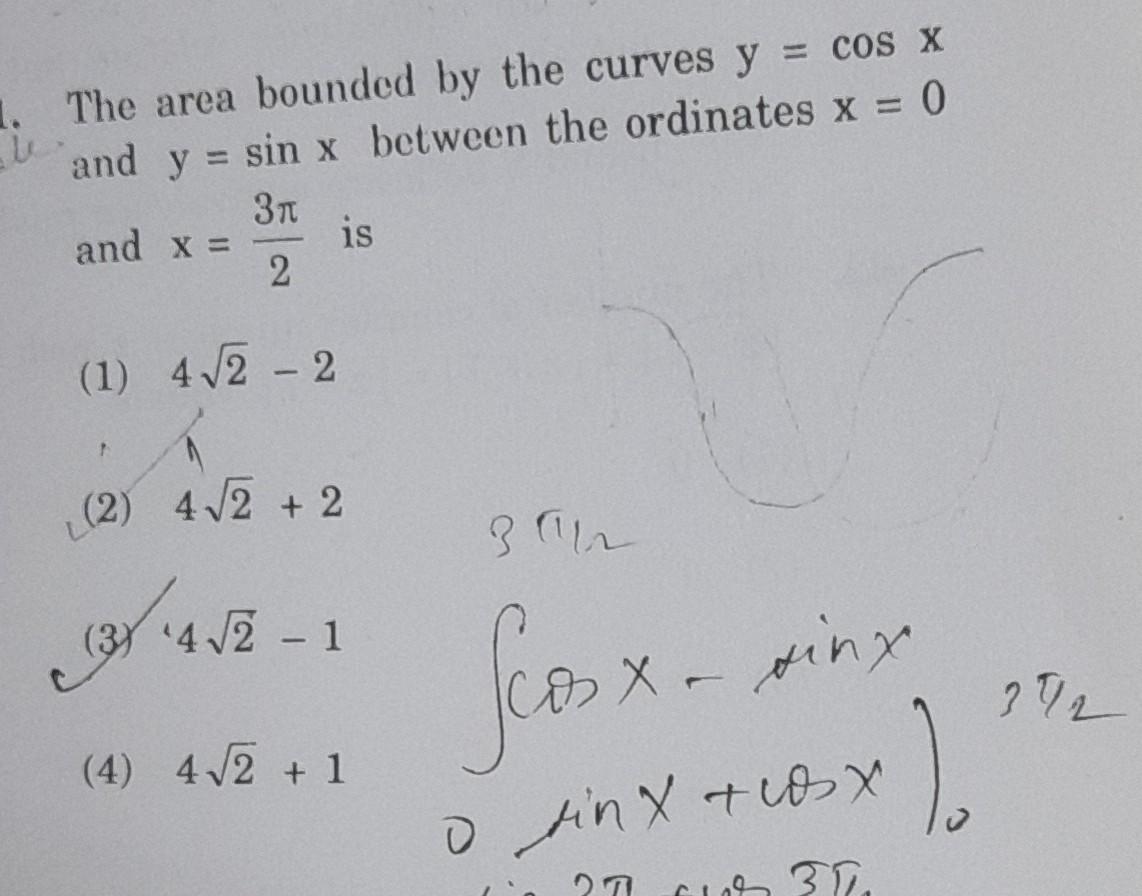 Solved The area bounded by the curves y=cosx and y=sinx | Chegg.com