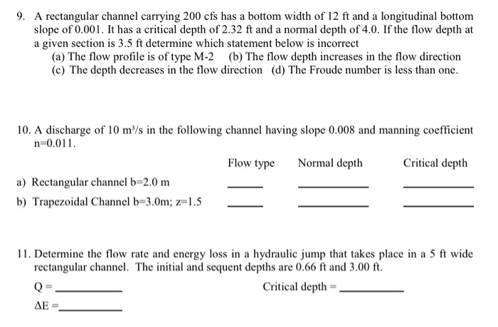 Solved 9. A rectangular channel carrying 200 cfs has a | Chegg.com