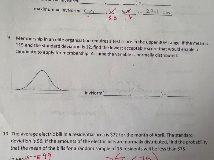 Solved maximum = invNorm( C.c,8.320⋅64.3)=22.1 cm 9. | Chegg.com