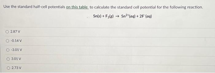 Solved Use the standard half-cell potentials on this table | Chegg.com