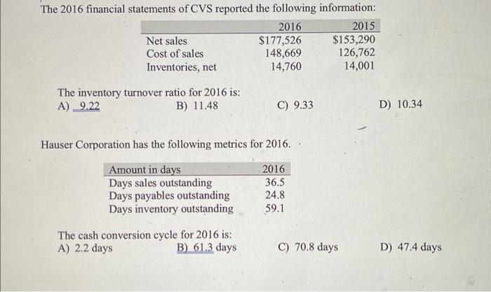 Solved The 2016 financial statements of CVS reported the | Chegg.com