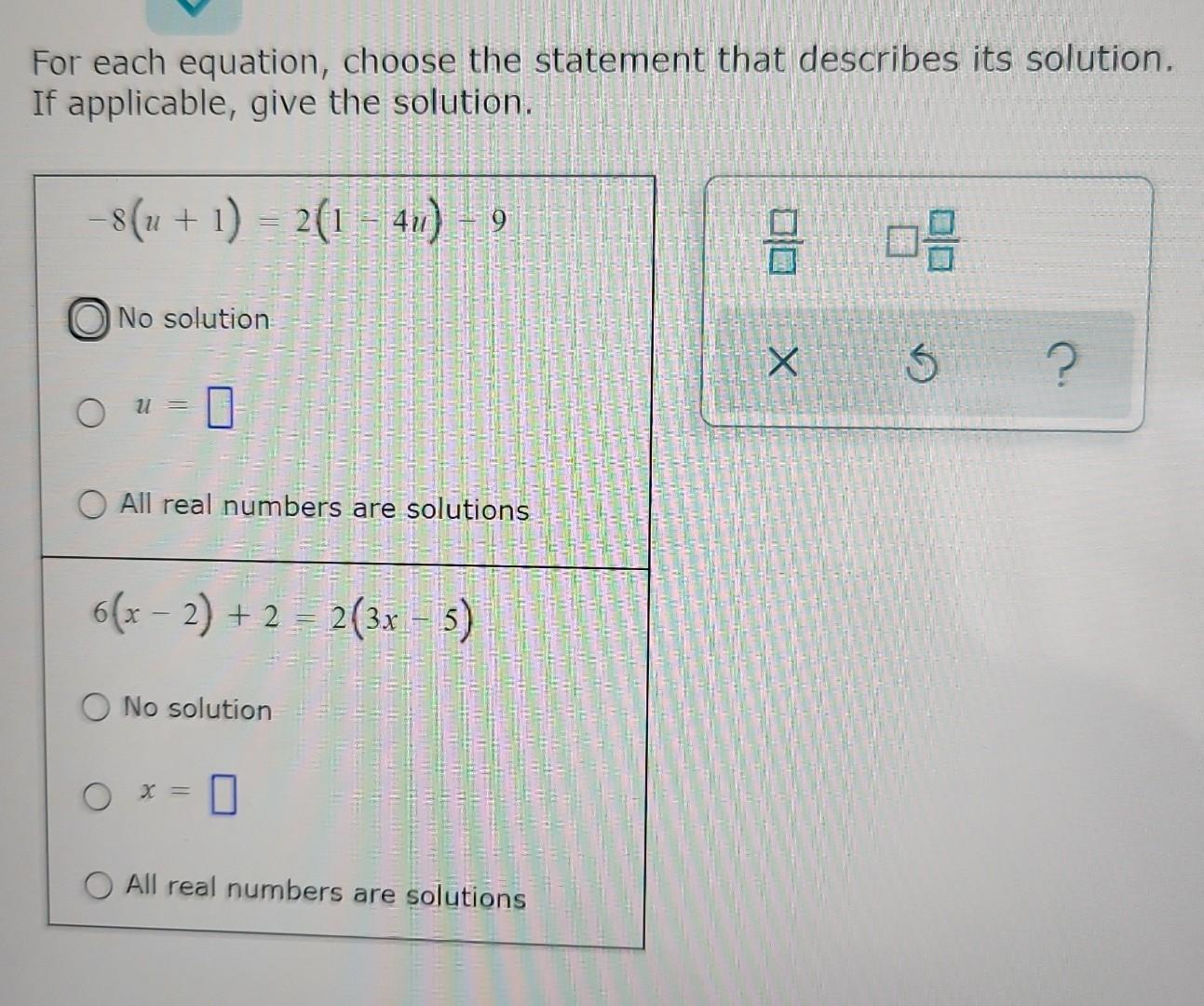 Solved For each equation, choose the statement that | Chegg.com