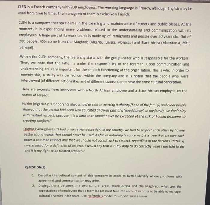 CLEN is a French company with 300 employees. The | Chegg.com