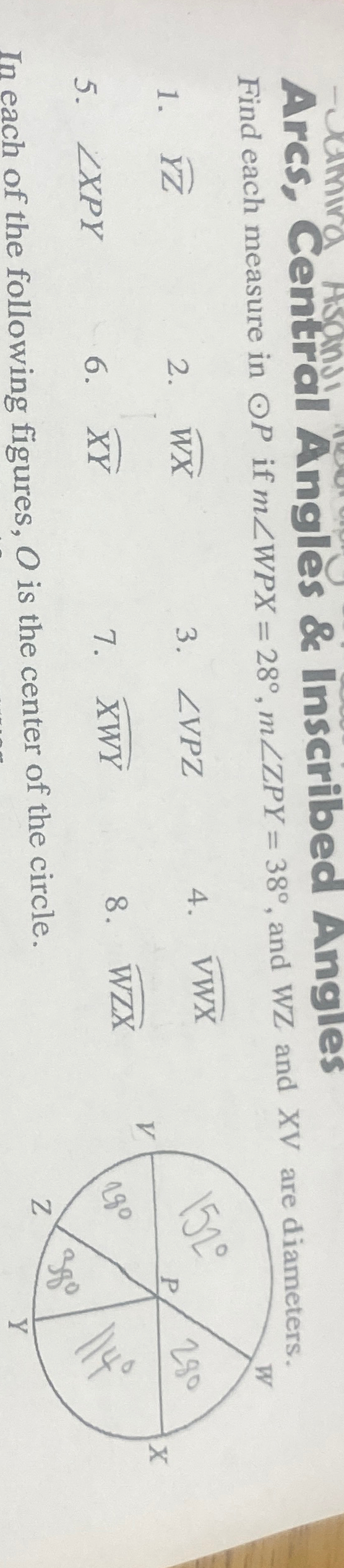 Solved Arcs, Central Angles & Inscribed AnglesFind each | Chegg.com