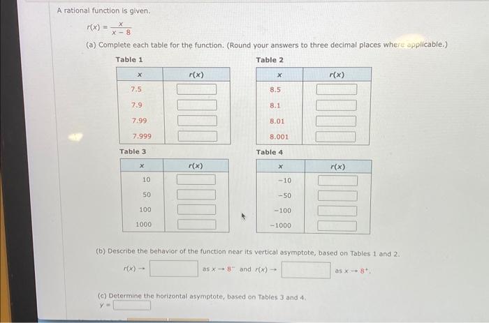 Solved A rational function is given. r(x)=x−8x (a) Complete | Chegg.com