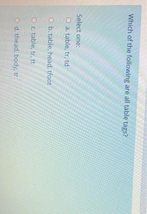 Solved Which of the following are all table tags? Select | Chegg.com