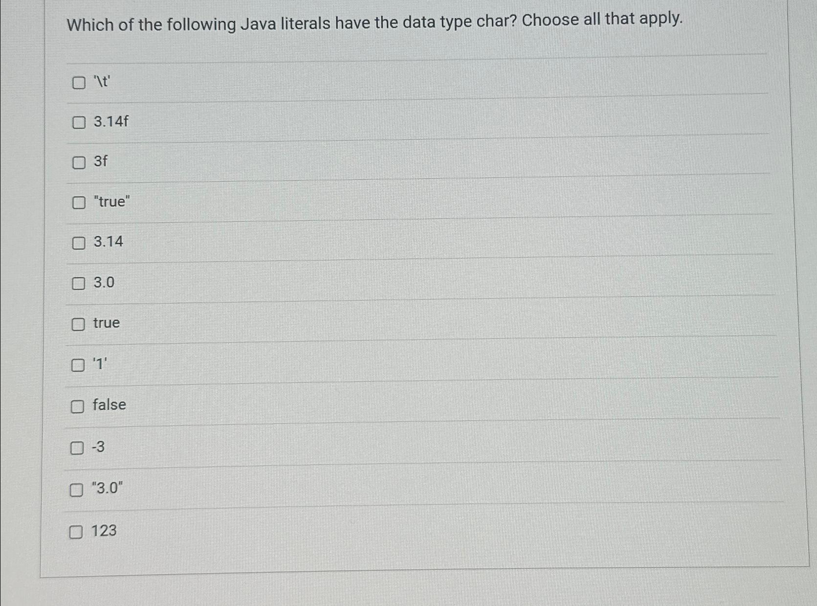 Solved Which of the following Java literals have the data | Chegg.com