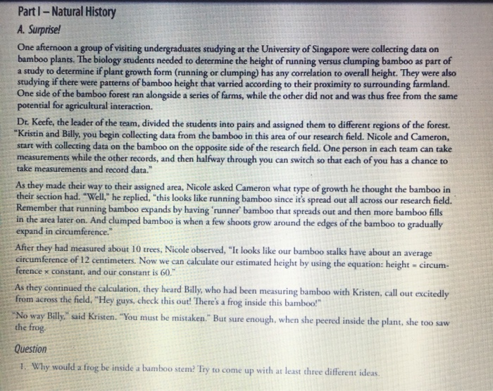 Solved Part 1 - Natural History A. Surprise! One afternoon a | Chegg.com