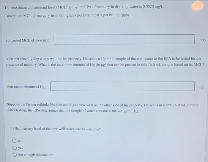 Solved The maximum contaminant level (MCL) set by the EPA of | Chegg.com