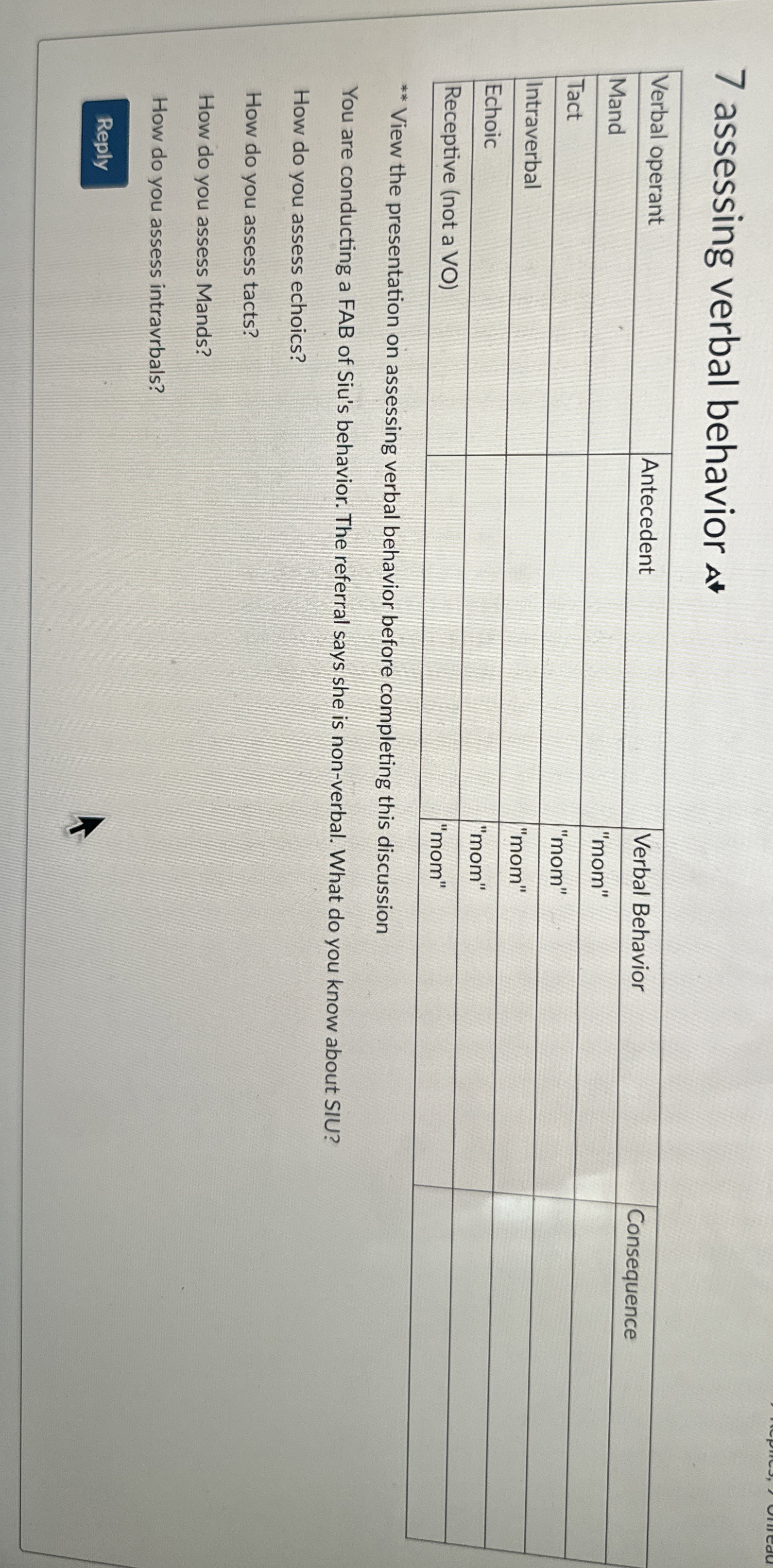 Solved 7 ﻿assessing verbal behavior\table[[Verbal | Chegg.com