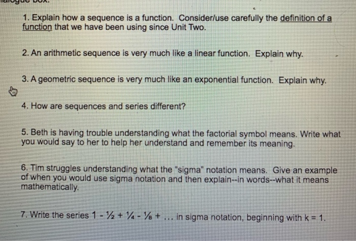 Solved 1. Explain how a sequence is a function. Consider/use | Chegg.com