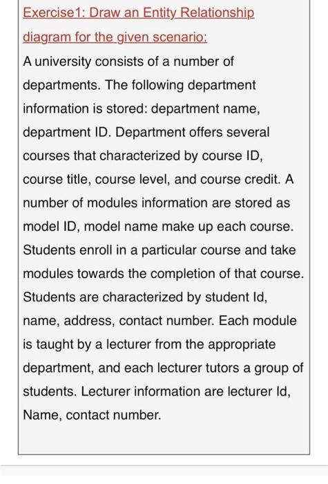 Solved Exercise1: Draw an Entity Relationship diagram for | Chegg.com