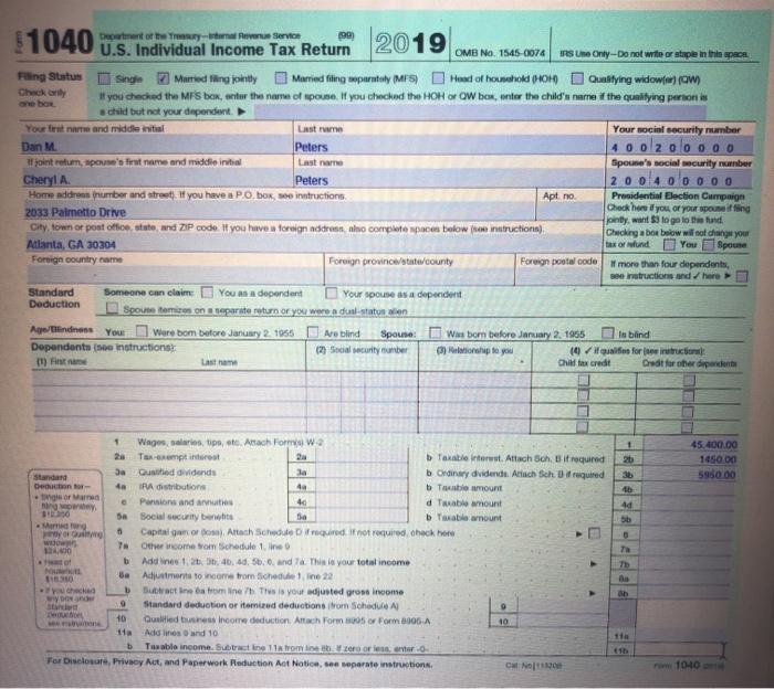 Solved How to fill out 1040 with information provided in | Chegg.com