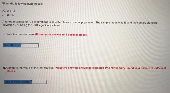 Solved Given the following hypotheses: Η μs 12 Hu> 12 A | Chegg.com