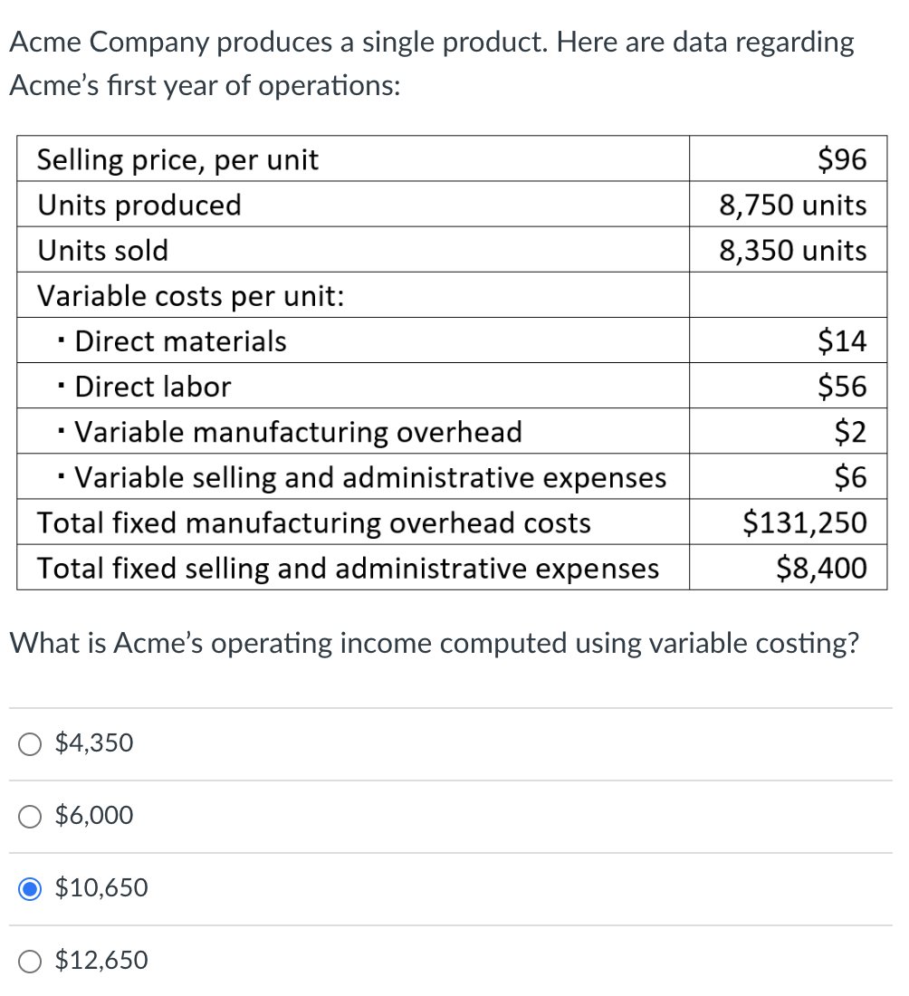 Solved Acme Company produces a single product. Here are data | Chegg.com