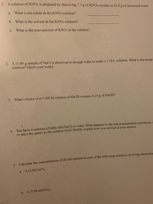 Solved 1. A solution of KNO3 is prepared by dissolving 7.5 g | Chegg.com