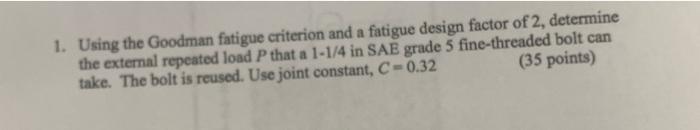 Solved 1. Using the Goodman fatigue criterion and a fatigue | Chegg.com