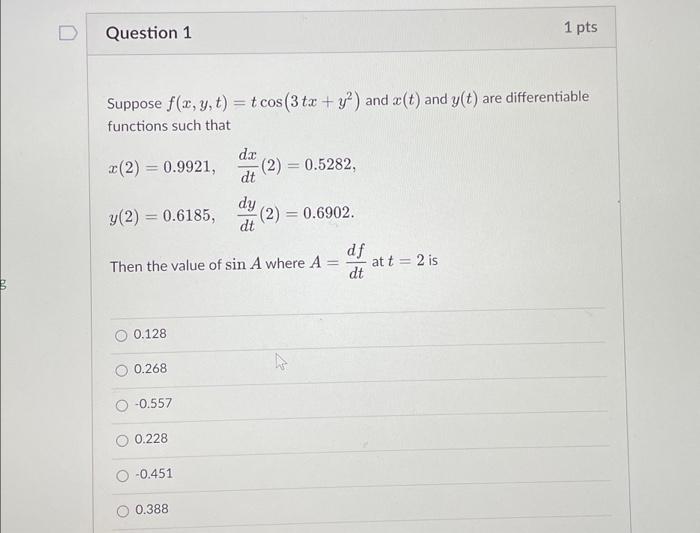 Solved Question 1 Suppose f(x, y, t) = t cos (3 tx + y²) and | Chegg.com