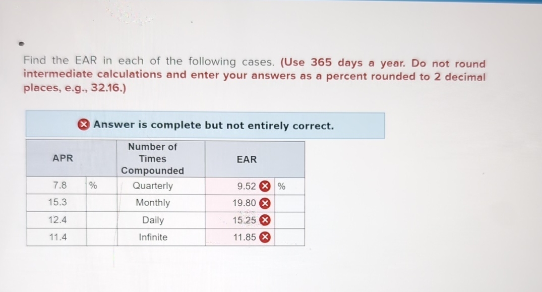 Solved Find the EAR in each of the following cases. (Use 365 | Chegg.com